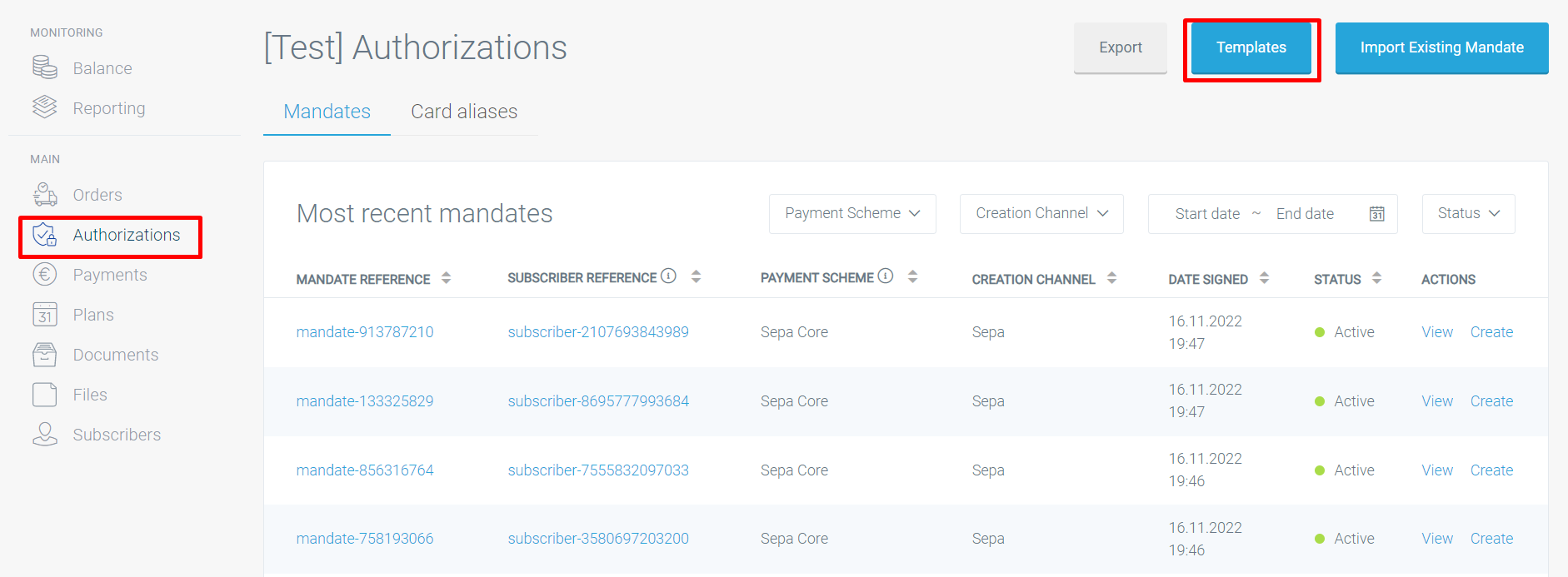 Management of mandates and templates